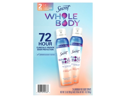Secret Whole Body Sprays Deodorant, Peach & Vanilla, 3.5 oz., 2 pack